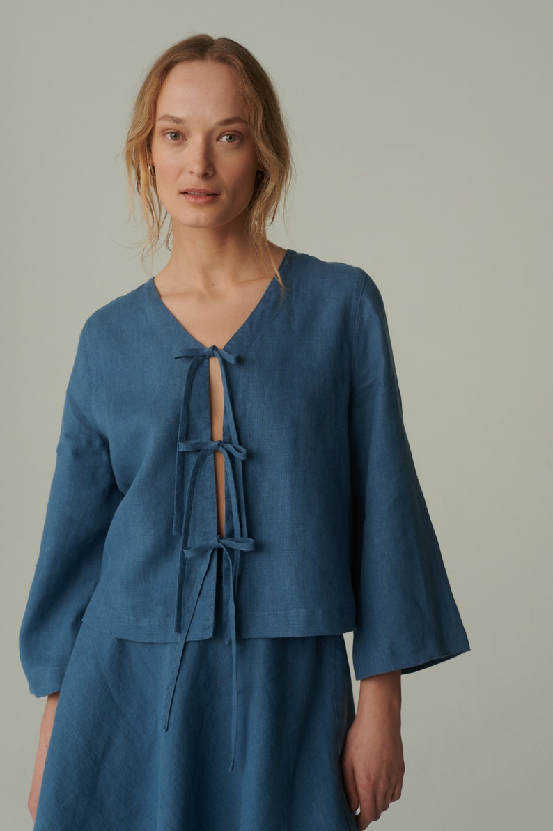 Marina Stellar Blue Linen Top - Tie up Front Top - Linen Blouse - Loose ...
