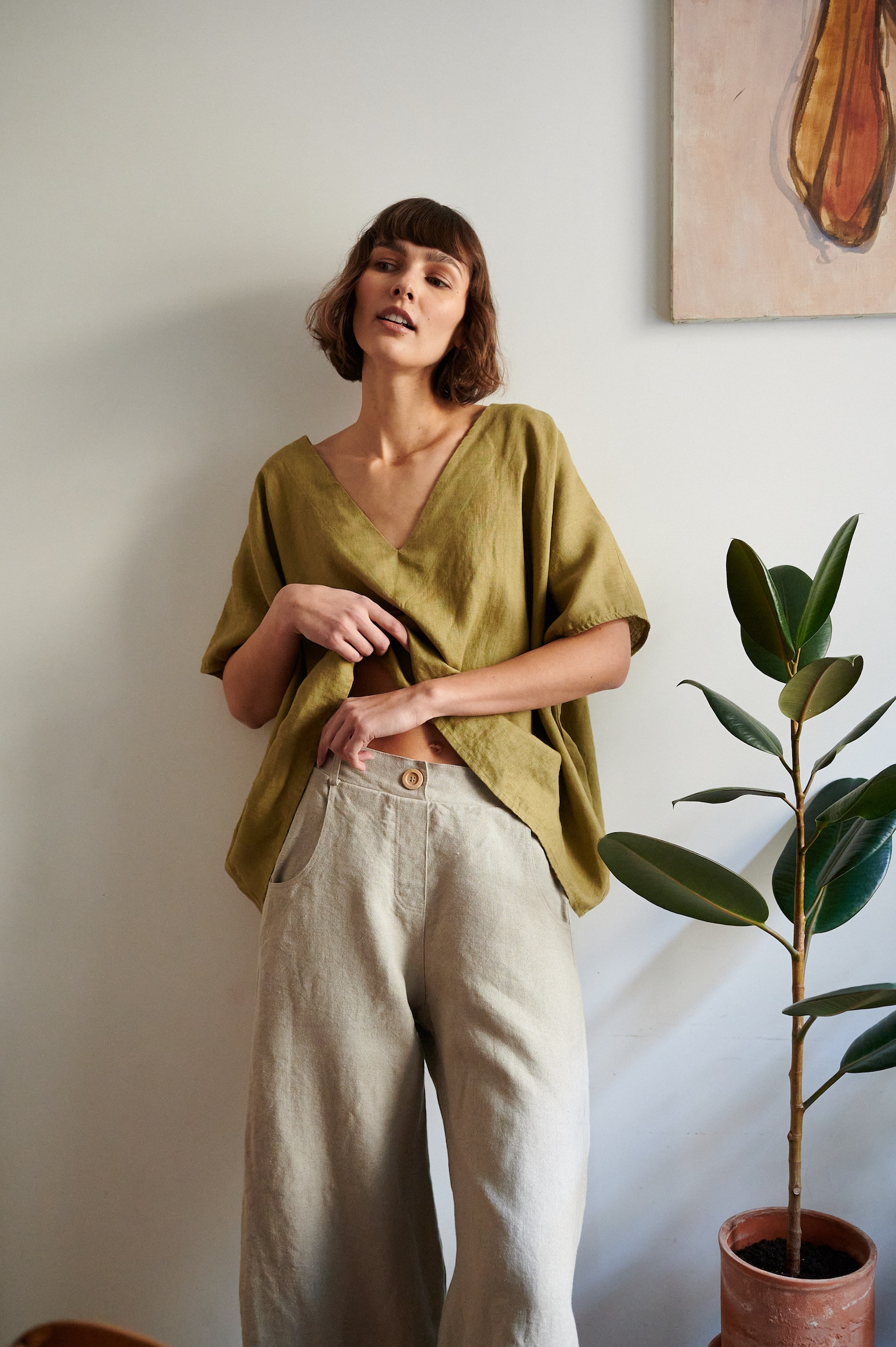 Brie Olive Top One Size Top Oversized Linen Blouse Linen - Etsy