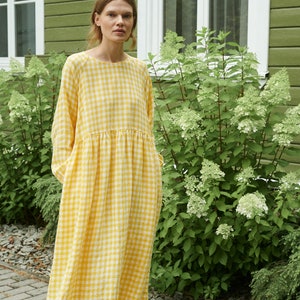 Margo Yellow Gingham Linen Dress - Linen Dress - Fall Linen Dress ...