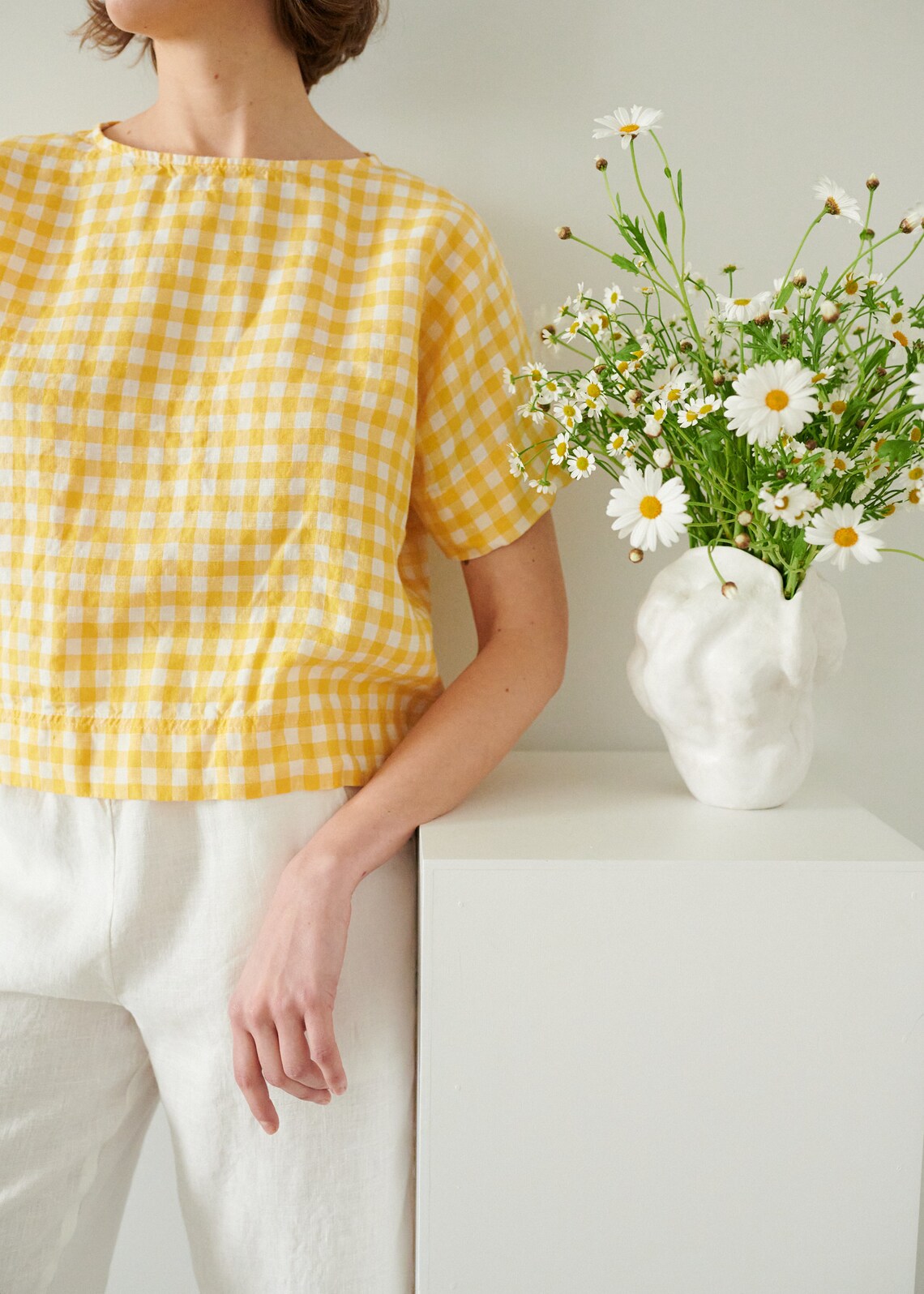 Mona Yellow Gingham Top Basic Linen Top Oversized Linen - Etsy