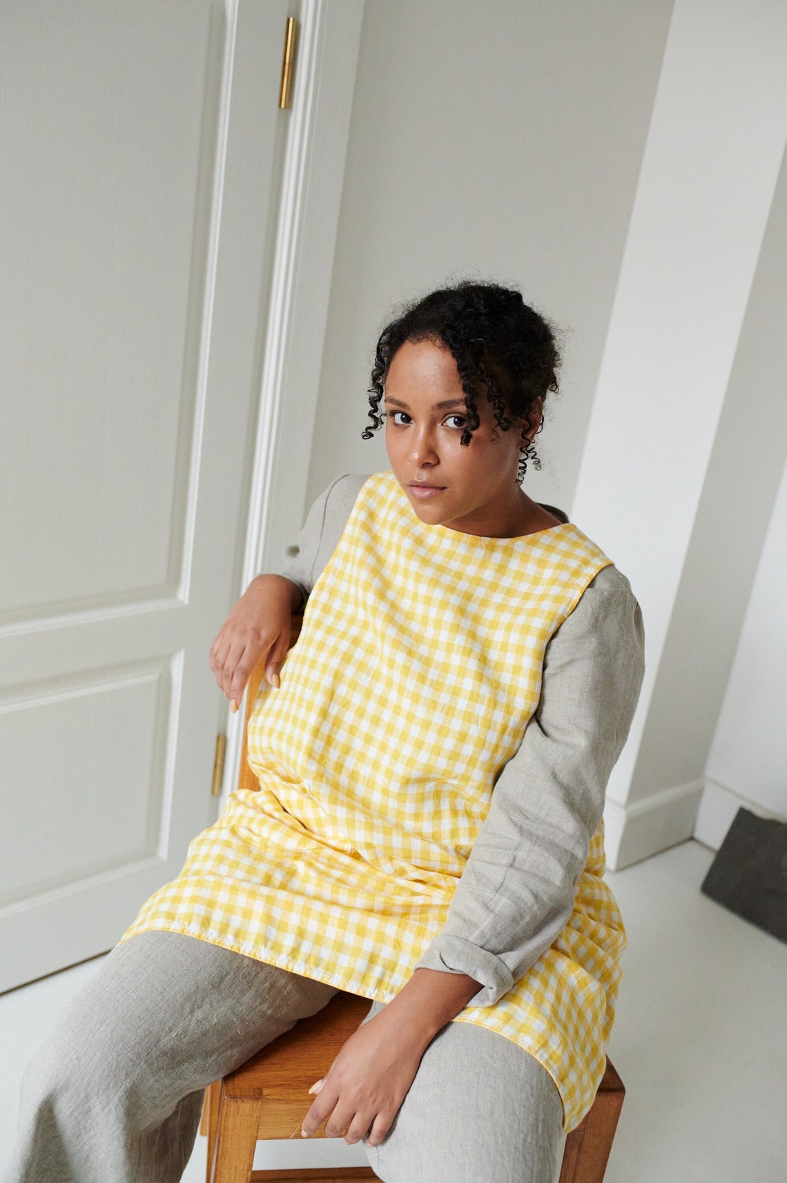 Rita Yellow Gingham Apron Pinafore Apron Gingham Linen | Etsy