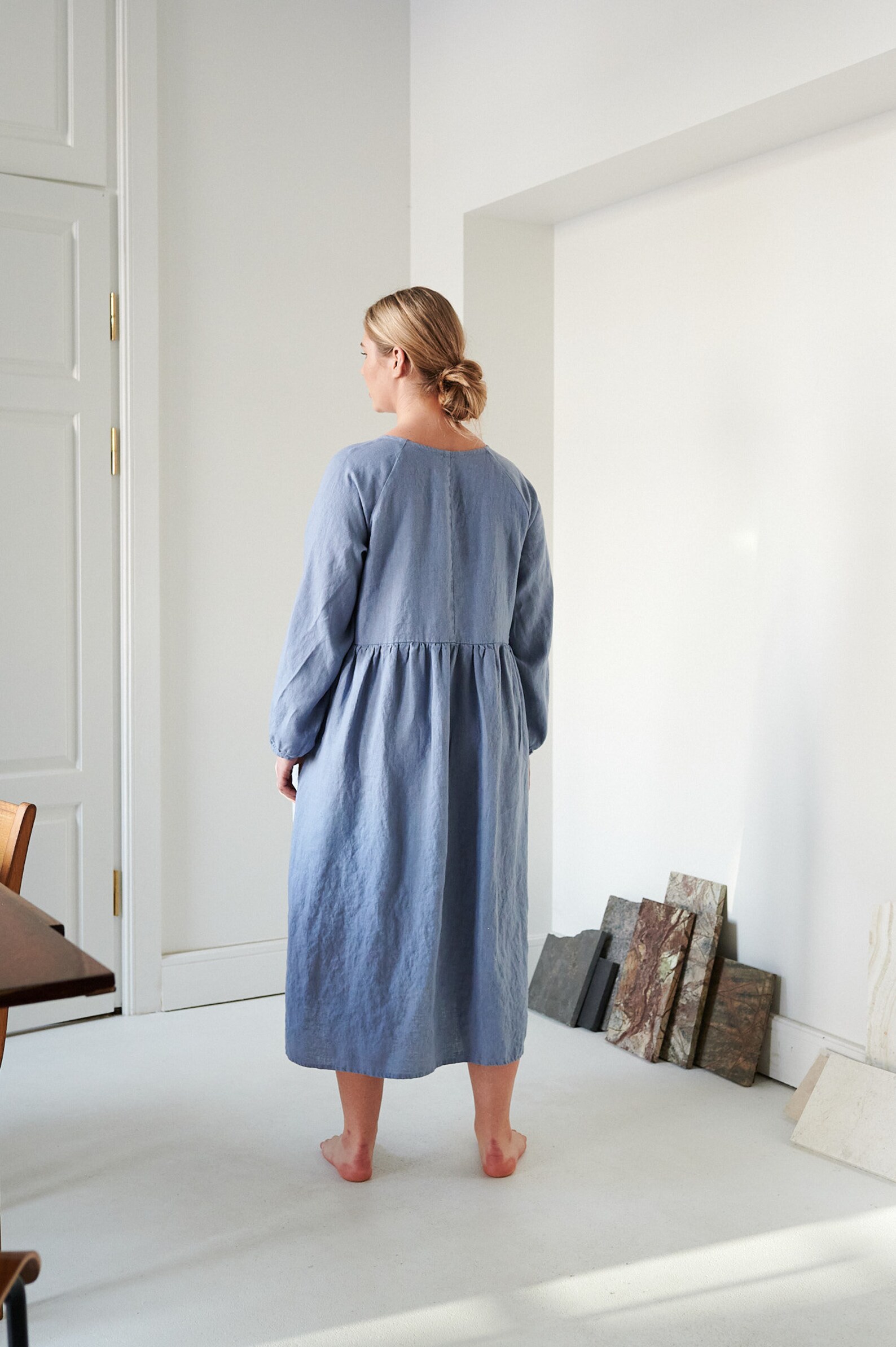 Margo Sky Blue Linen Dress - Linen Dress - Fall Linen Dress - Long ...