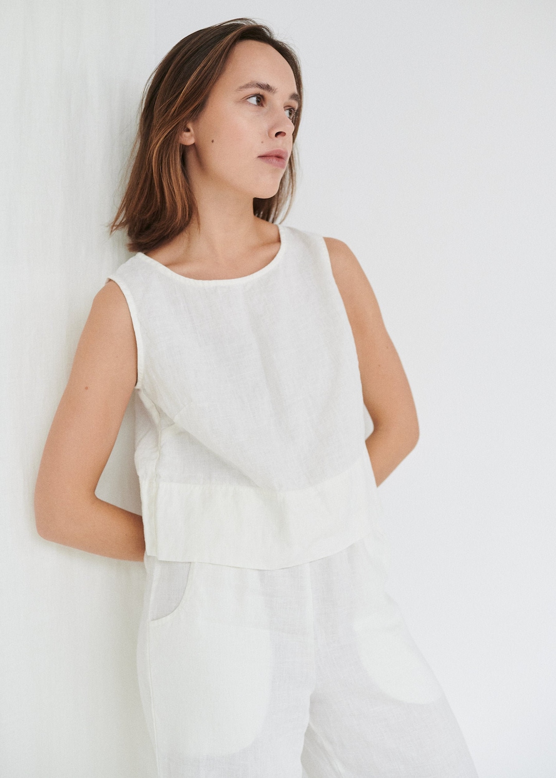 Crop Milky White Top - Basic Linen Top - Linen Tank Top - Linen Blouse ...