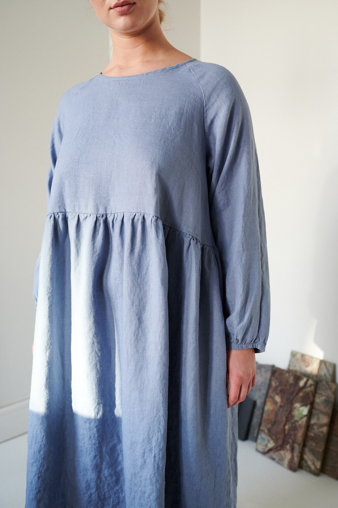 Margo Sky Blue Linen Dress - Linen Dress - Fall Linen Dress - Long ...