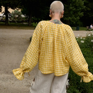 Mila Yellow Gingham Linen Top - Button Down Top - Linen Blouse - Long ...