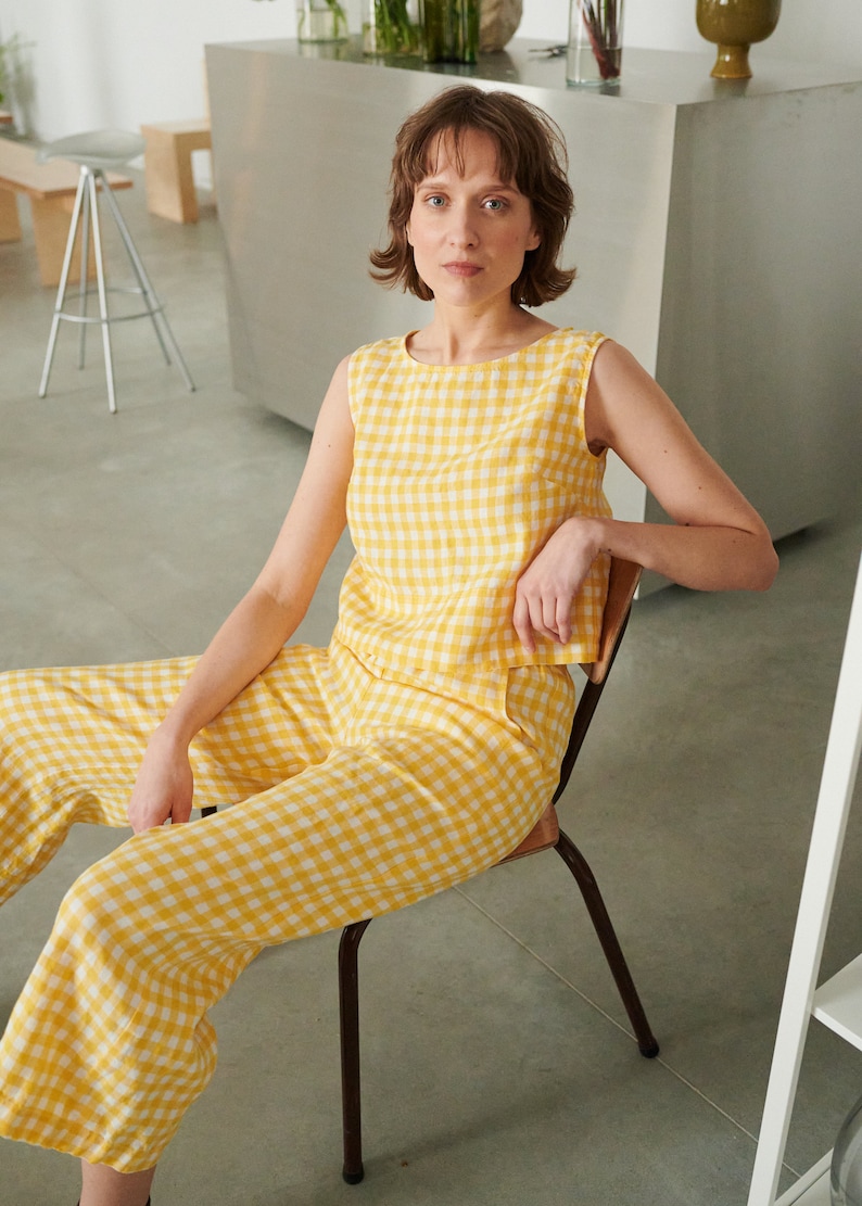 Crop Yellow Gingham Top Basic Linen Top Linen Tank Top | Etsy