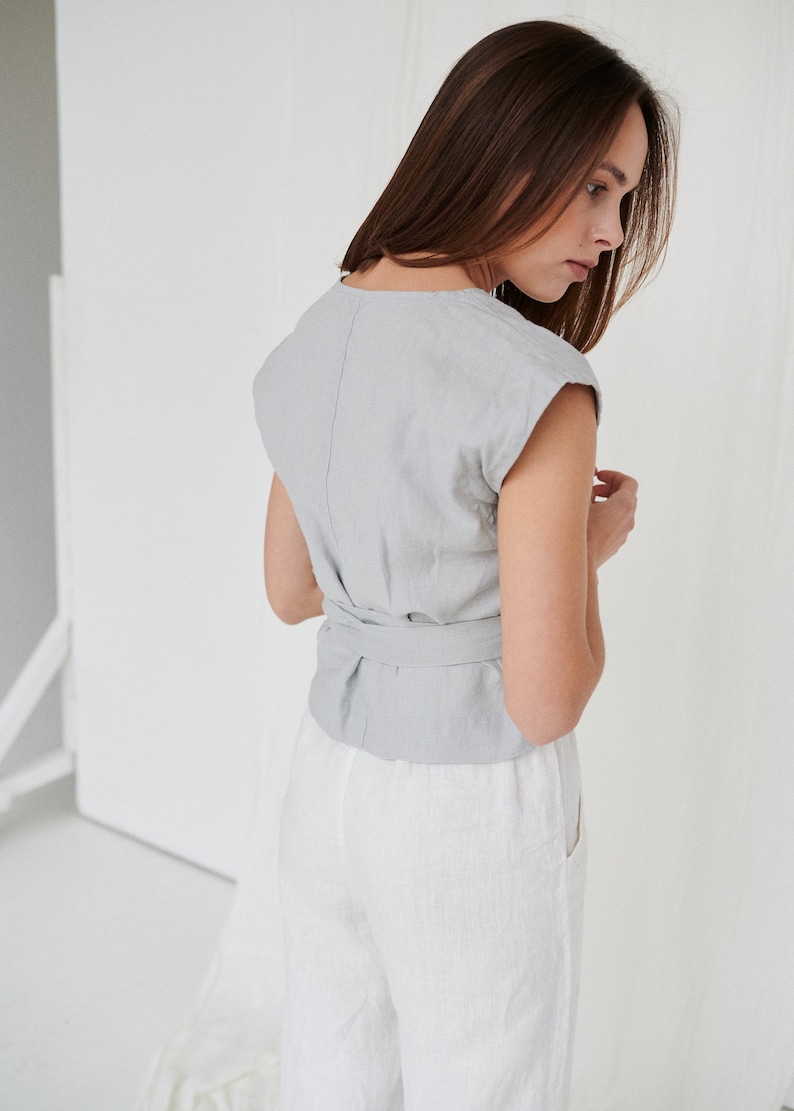 Amelia Ice Grey Top - Wrap Linen Top - Linen Top - Sleeveless Wrap Top ...