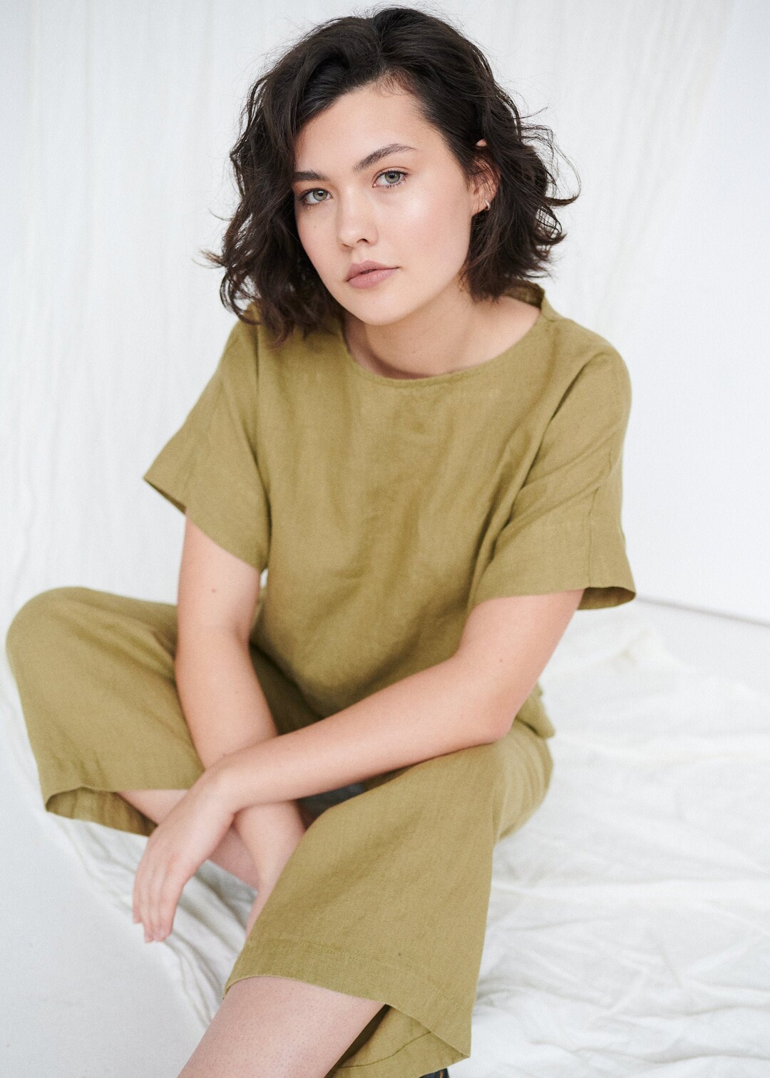 Mona Olive Top - Linen Top - Oversized Linen Top - Linen Blouse - Basic ...
