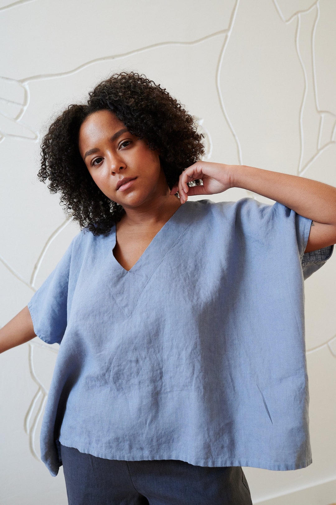 Brie Sky Blue Top - One Size Top - Oversized Linen Blouse - Linen Top ...