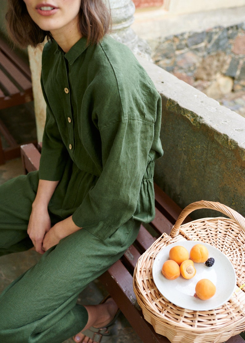 Work Forest Green Jumpsuit Washed Linen Jumpsuit Washed - Etsy