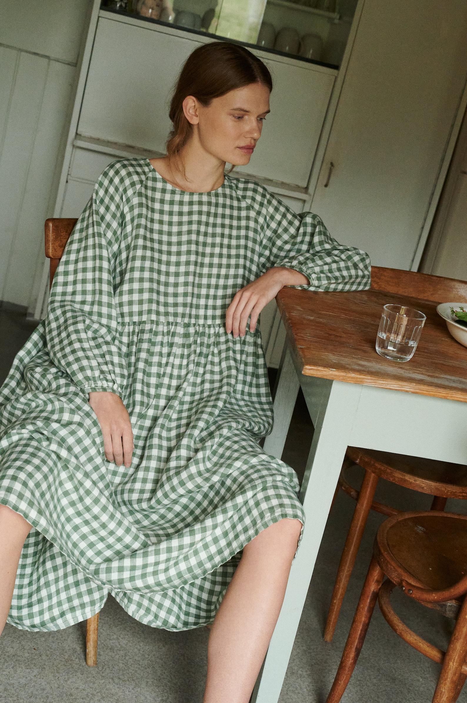 Margo Green Gingham Linen Dress - Linen Dress - Fall Linen Dress - Long ...