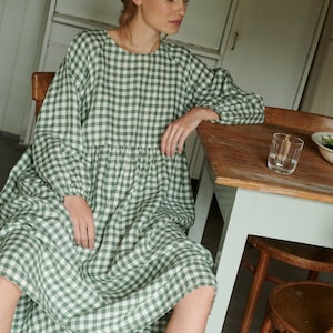 Margo Green Gingham Linen Dress - Linen Dress - Fall Linen Dress - Long ...