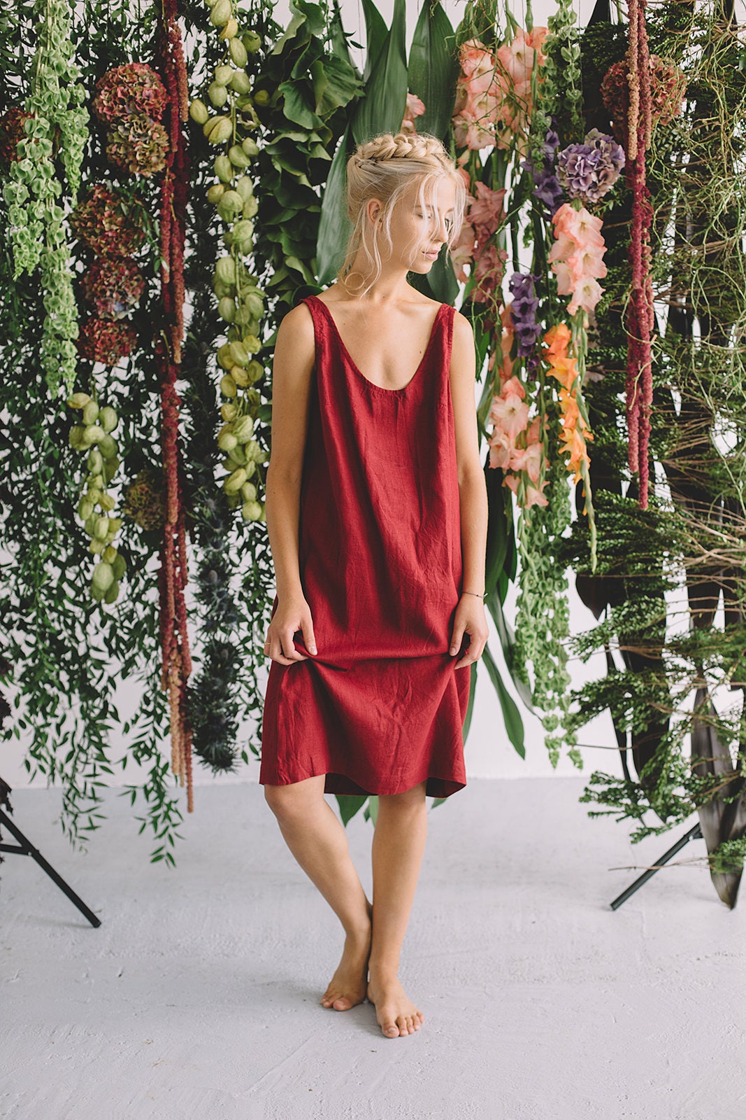 Monstera Burgundy Red Dress Linen Dress Summer Dress - Etsy