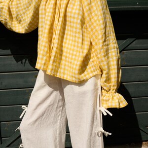 Mila Yellow Gingham Linen Top - Button Down Top - Linen Blouse - Long ...