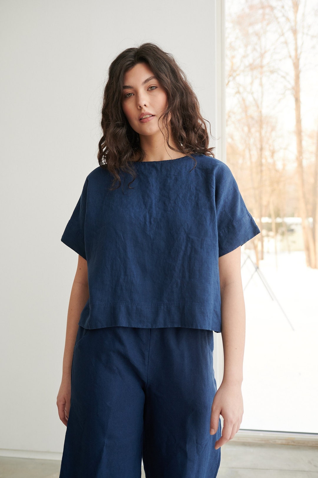 Mona Navy Blue Top - Basic Linen Top - Linen Blouse - Oversized Linen ...