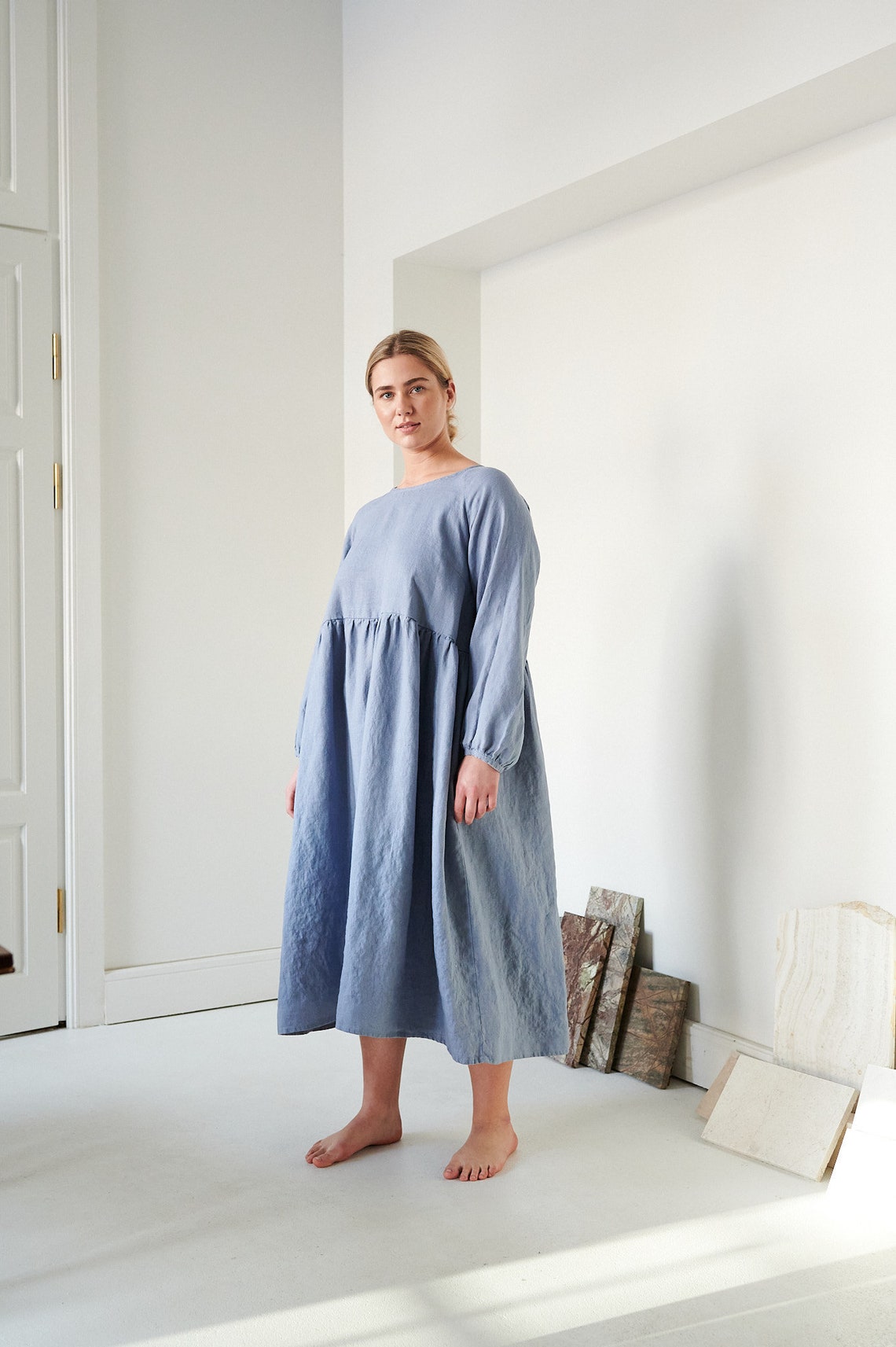 Margo Sky Blue Linen Dress - Linen Dress - Fall Linen Dress - Long ...
