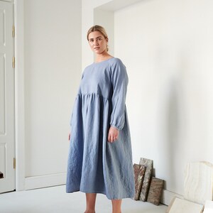 Margo Sky Blue Linen Dress - Linen Dress - Fall Linen Dress - Long ...
