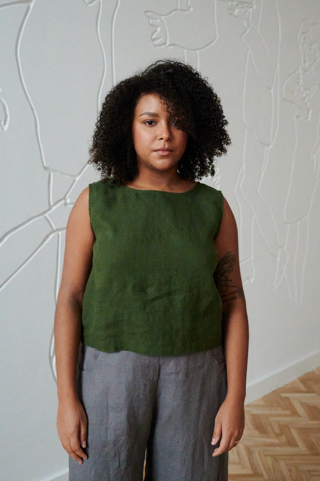 Crop Forest Green Top - Basic Linen Top - Linen Tank Top - Linen Blouse ...