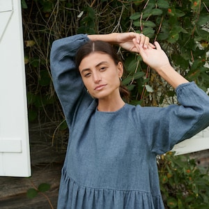 Margo Blue Linen Wool Blend Dress - Wool Linen Dress - Linen Dress ...