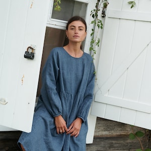 Margo Blue Linen Wool Blend Dress - Wool Linen Dress - Linen Dress ...
