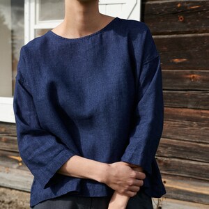 Harper Navy Blue Linen Wool Blend Tunic - Linen Blouse - Wool Blouse ...