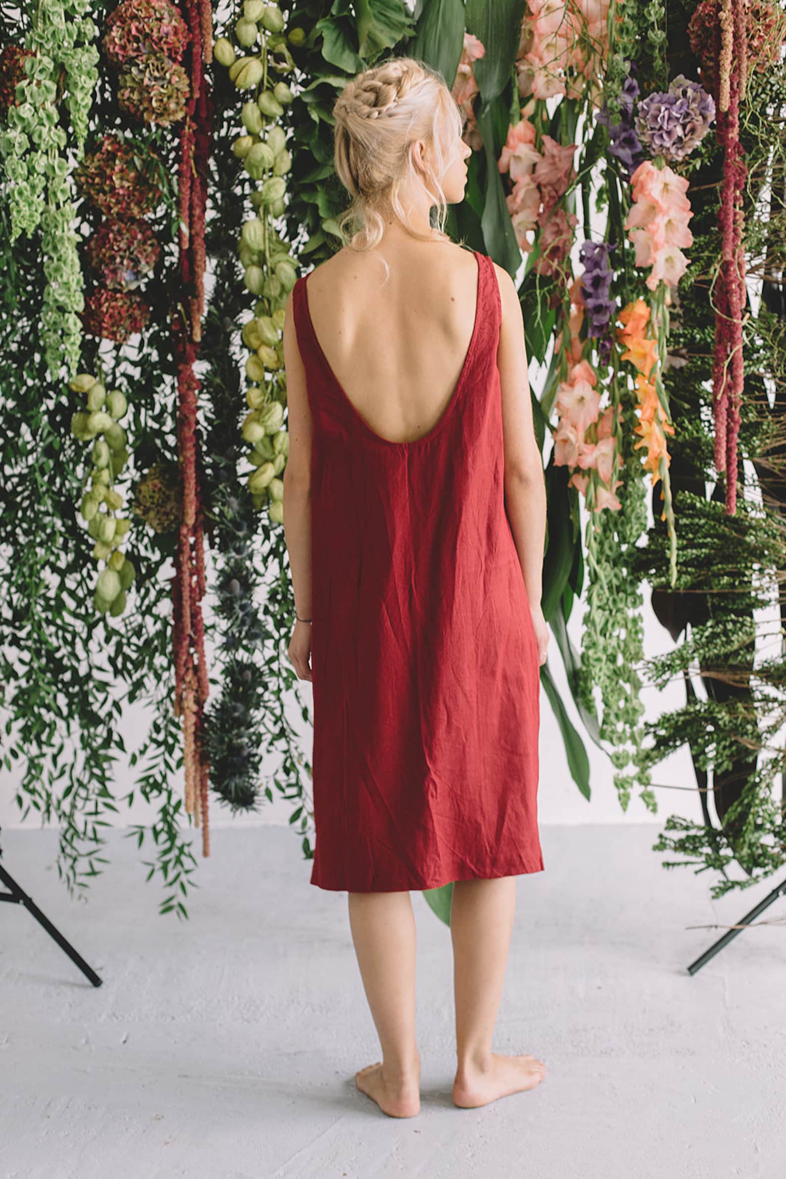 Monstera Burgundy Red Dress Linen Dress Summer Dress - Etsy