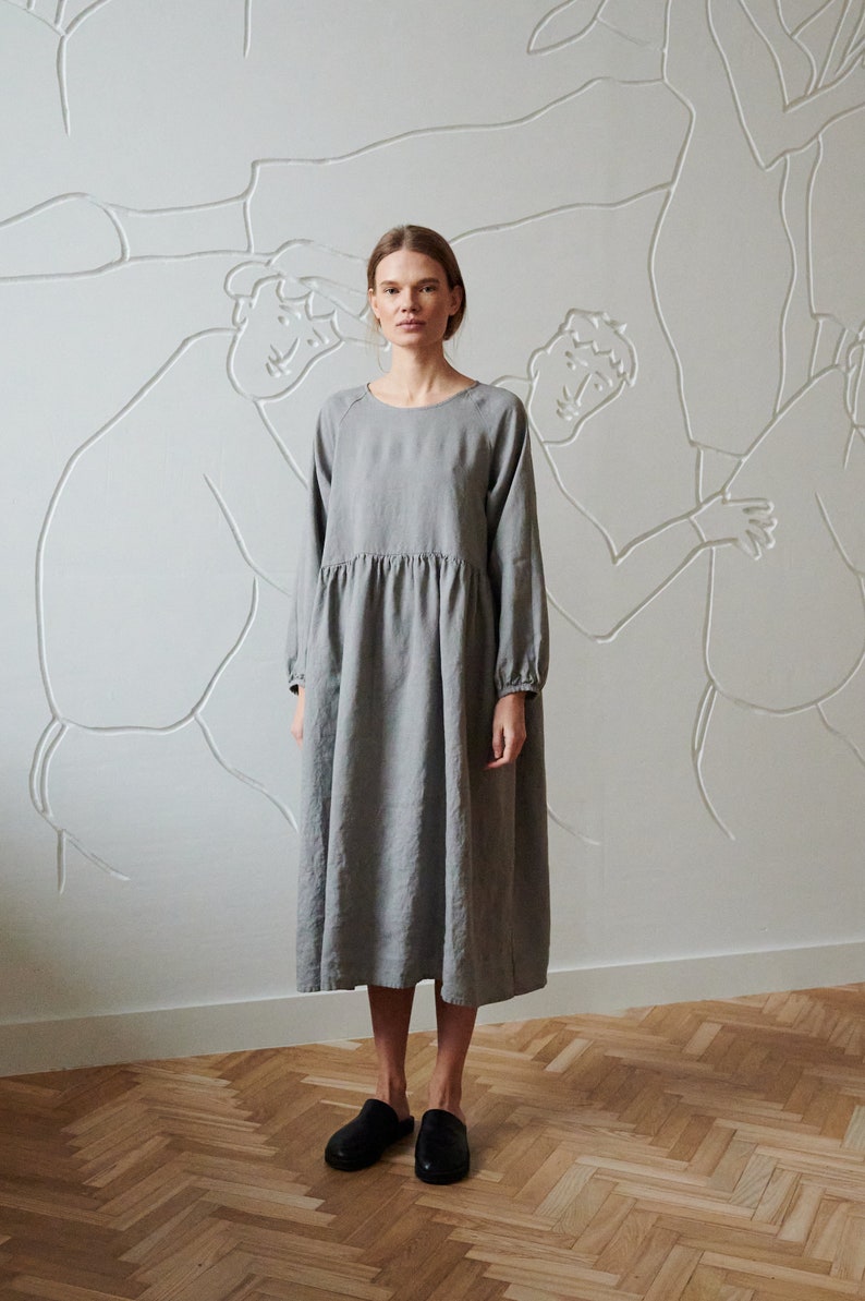 Margo Neutral Grey Linen Dress - Linen Dress - Fall Linen Dress - Long ...
