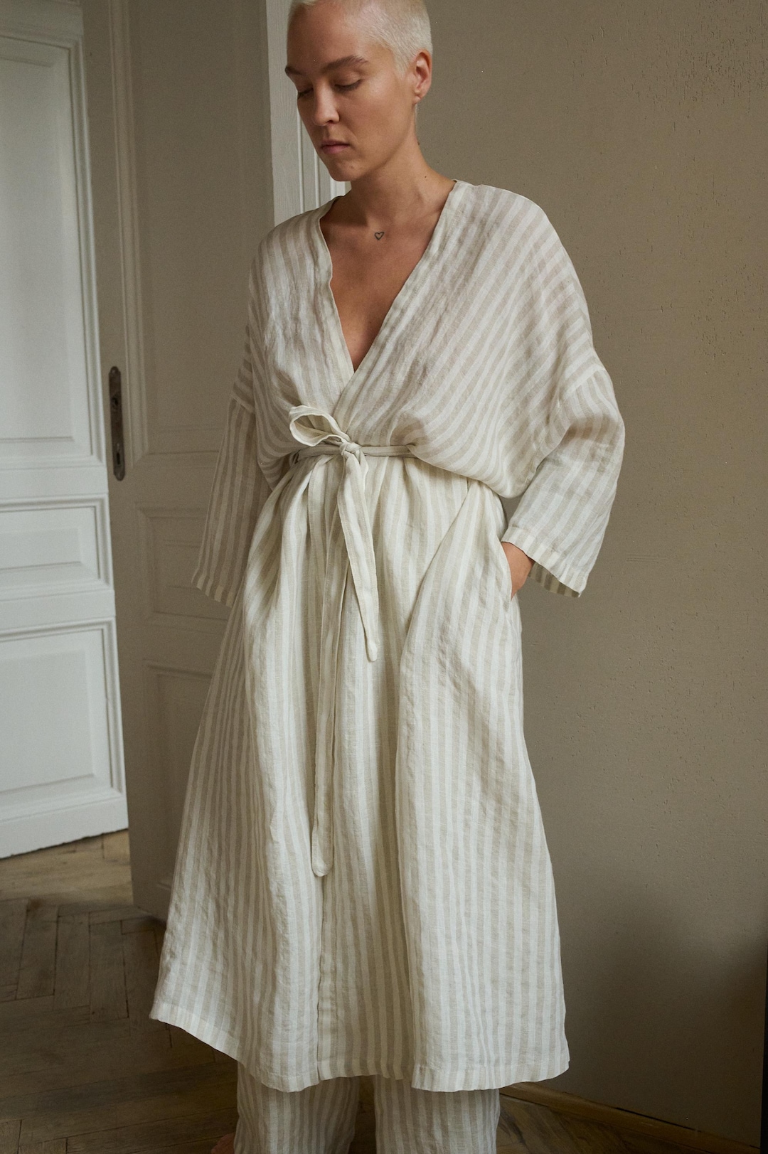 Long Linen Robe - Natural Grey Stripes Linen - Bathrobe - Striped Robe ...