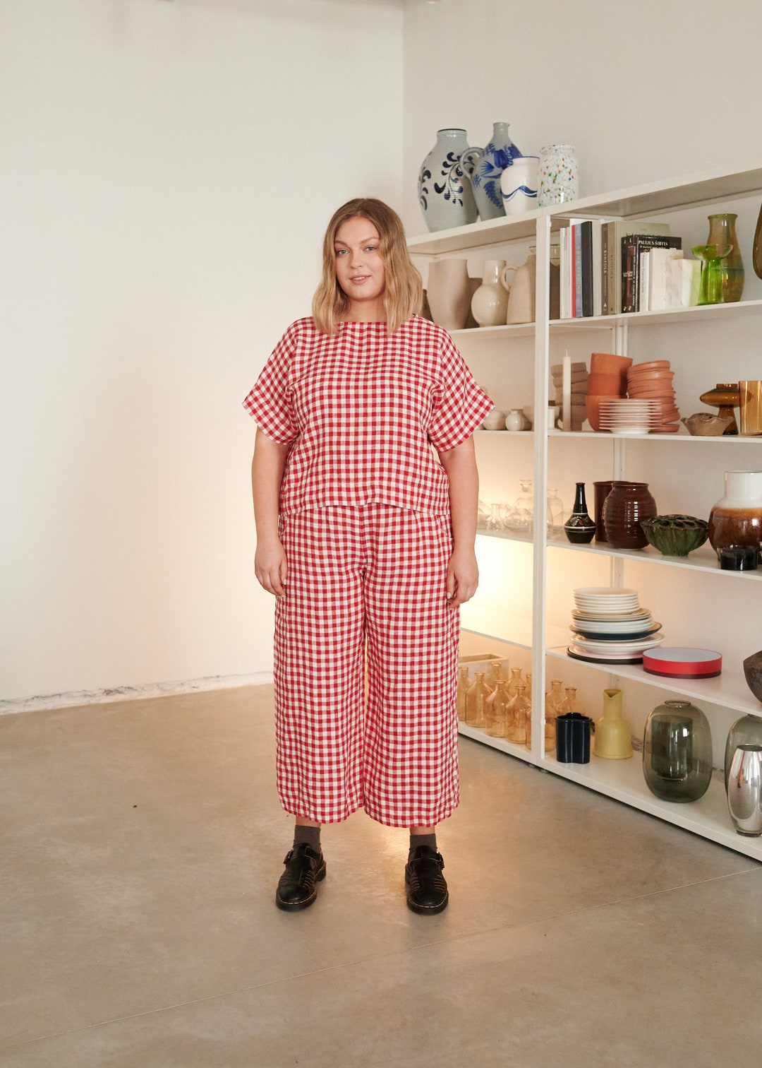Mona Red Gingham Top Basic Linen Top Oversized Linen Top Linen Blouse ...