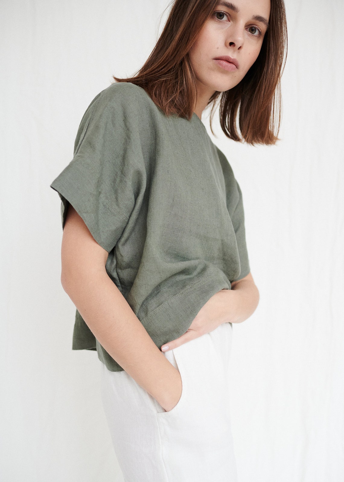 Mona Pine Green Top Linen Top Oversized Linen Top Linen - Etsy UK