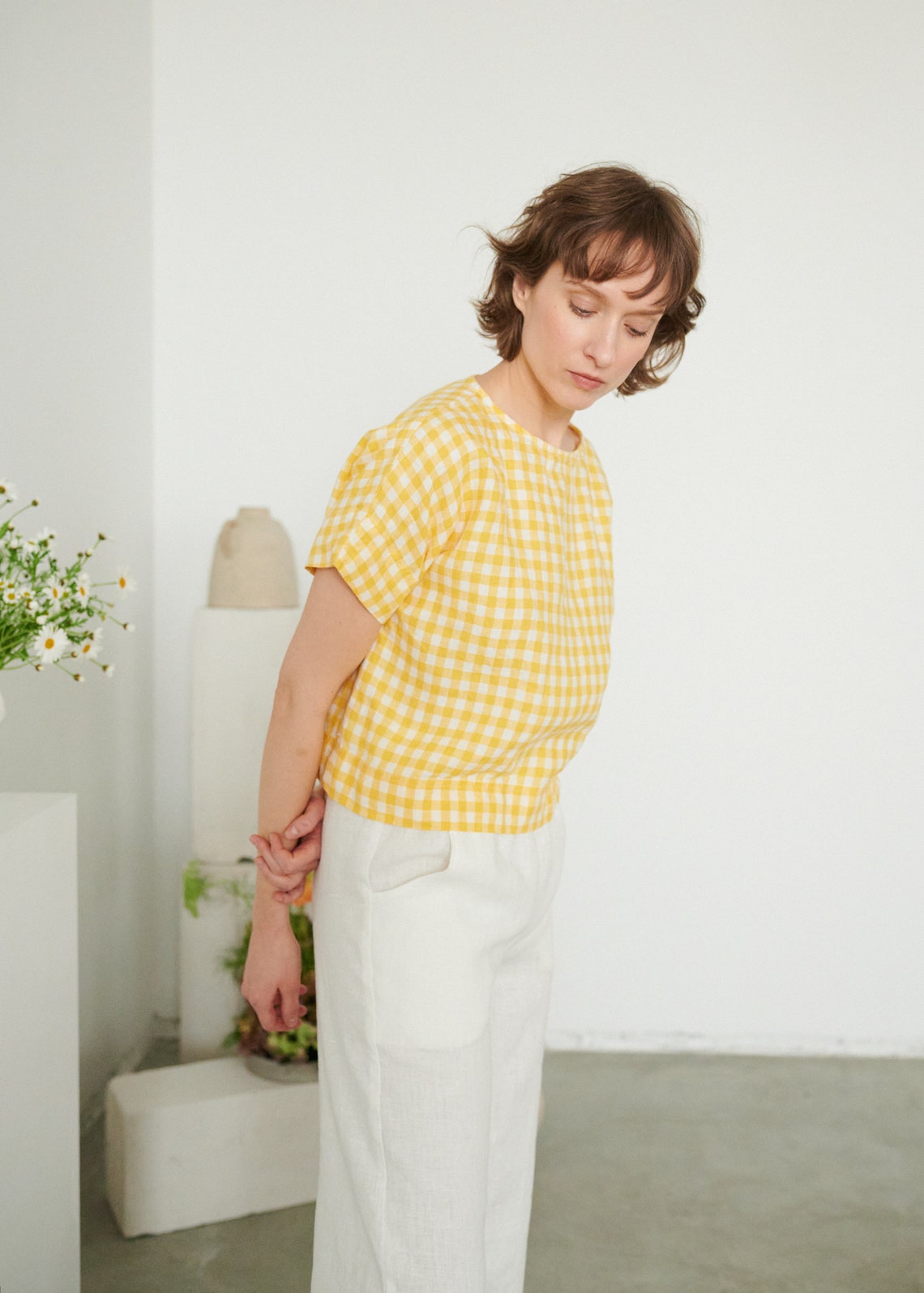 Mona Yellow Gingham Top Basic Linen Top Oversized Linen - Etsy
