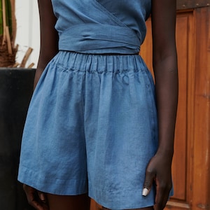 Ready to Ship - Kim Stellar Blue Linen Shorts - Wide Linen Shorts ...