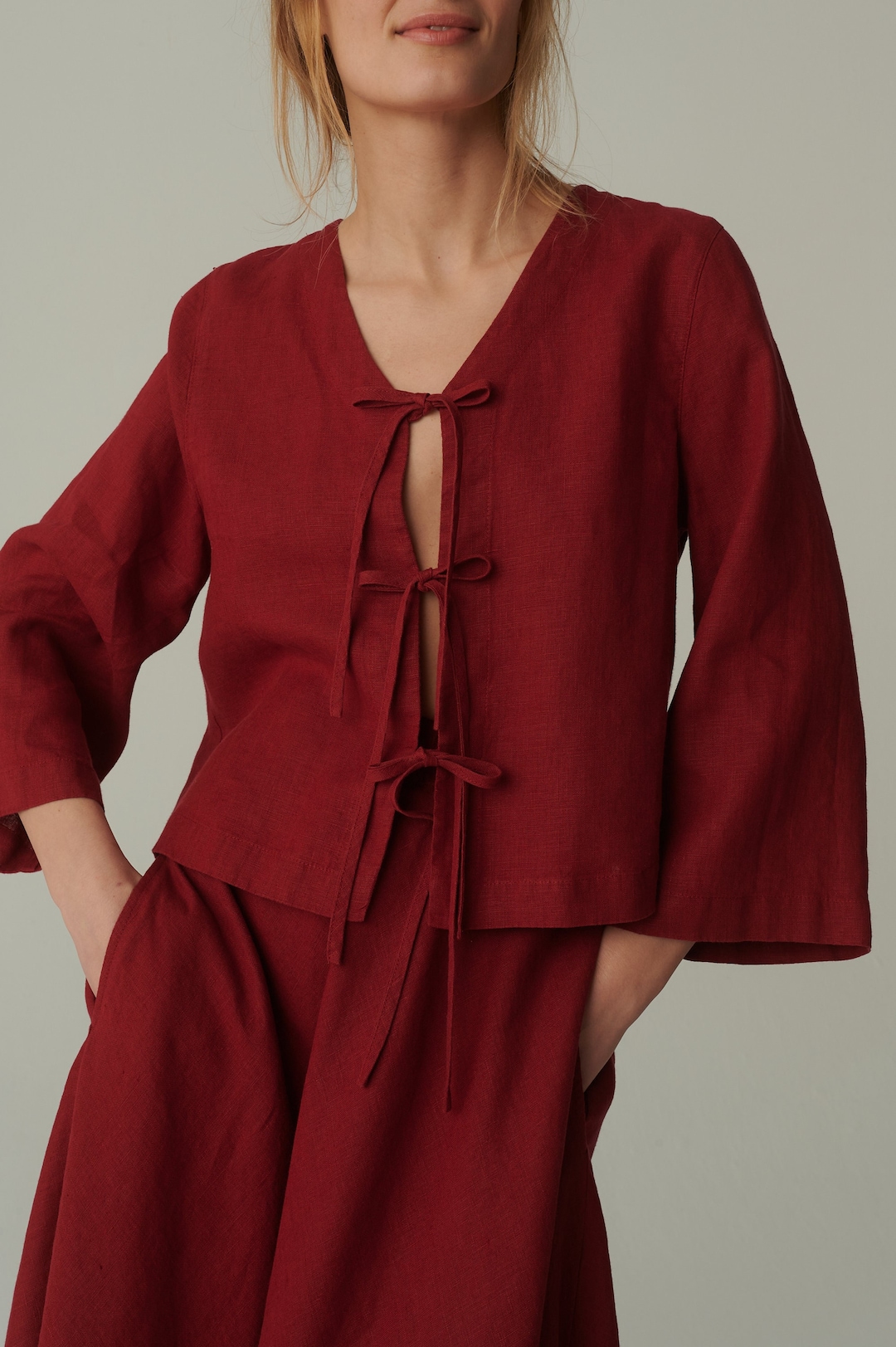 Marina Burgundy Red Linen Top - Tie up Front Top - Linen Blouse - Loose ...