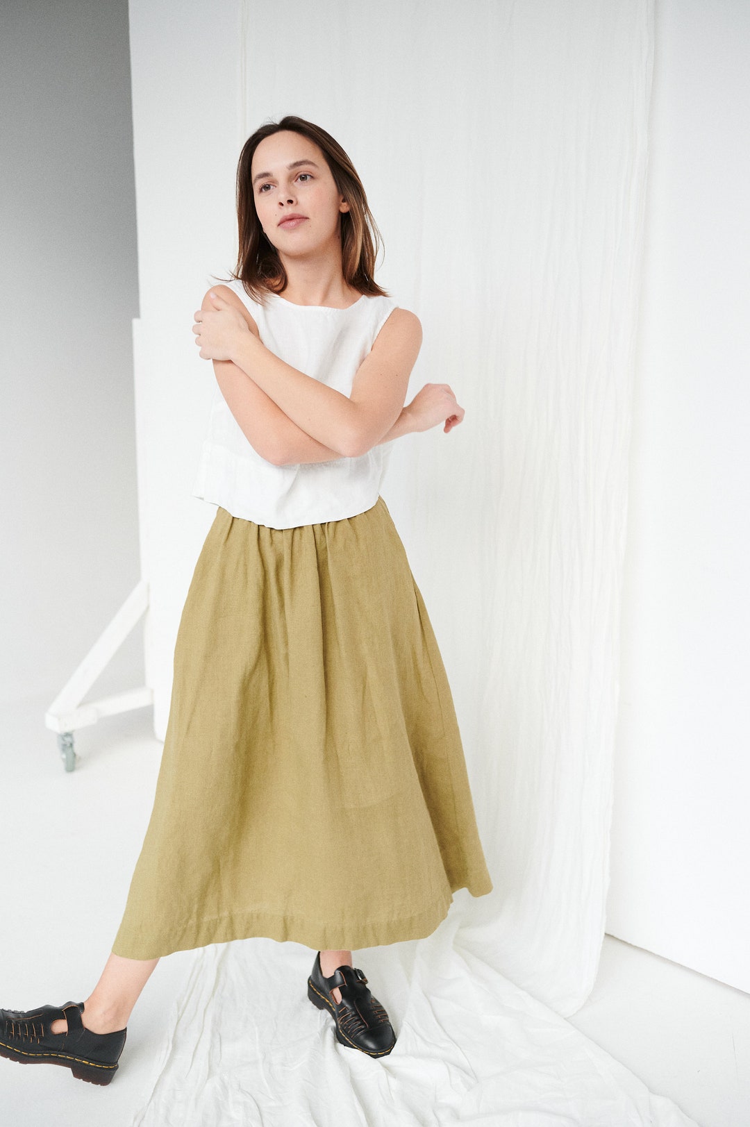 Jupe olive Lina - Jupe longue en lin - Jupe en lin - Jupe trapèze en ...
