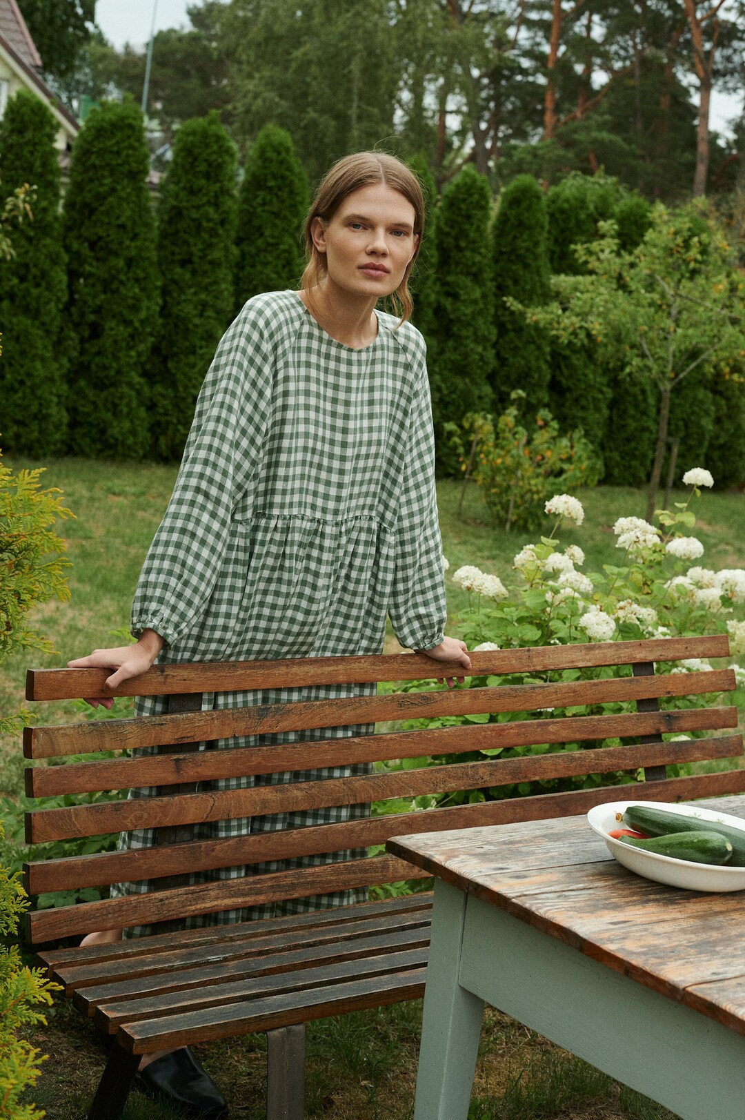 Margo Green Gingham Linen Dress - Linen Dress - Fall Linen Dress - Long ...