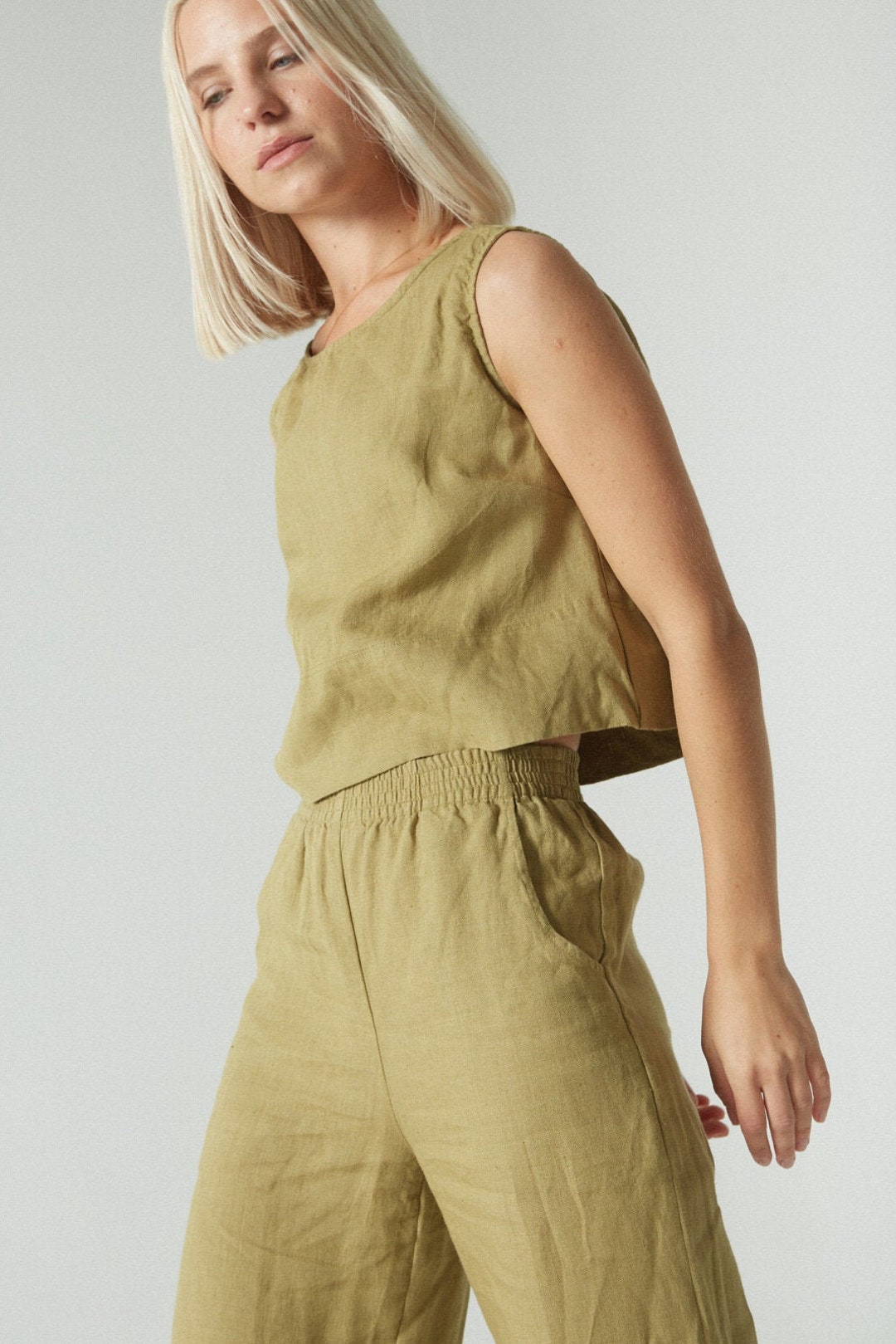 Crop Olive Top - Basic Linen Top - Linen Tank Top - Linen Blouse - Soft ...