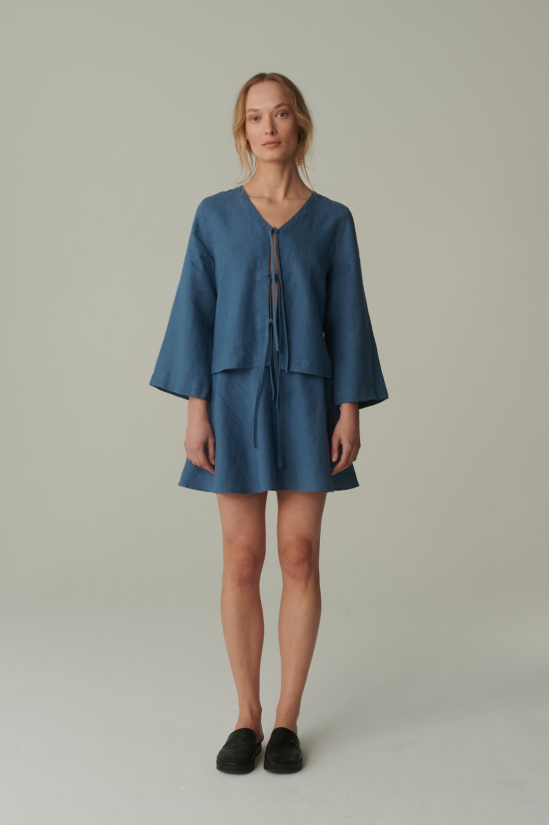 Marina Stellar Blue Linen Top - Tie up Front Top - Linen Blouse - Loose ...