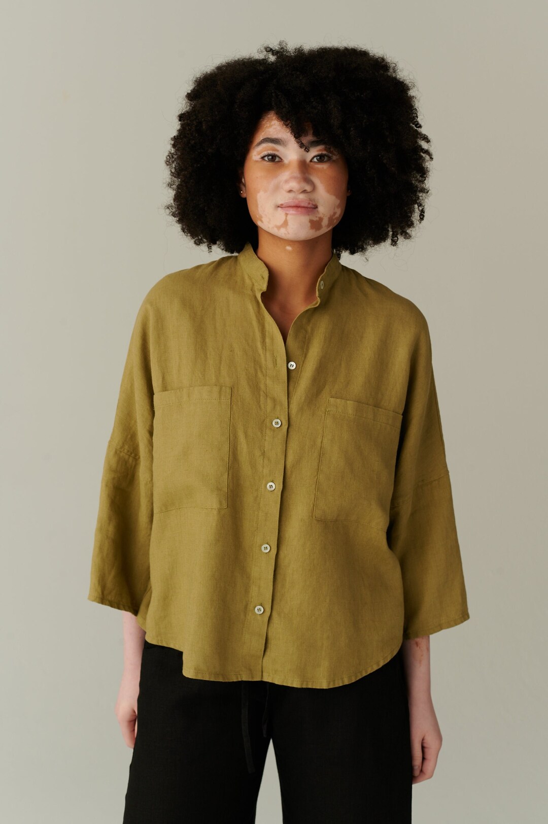 Hana Olive Linen Shirt - Drop Shoulder Shirt - Oversized Linen Shirt ...