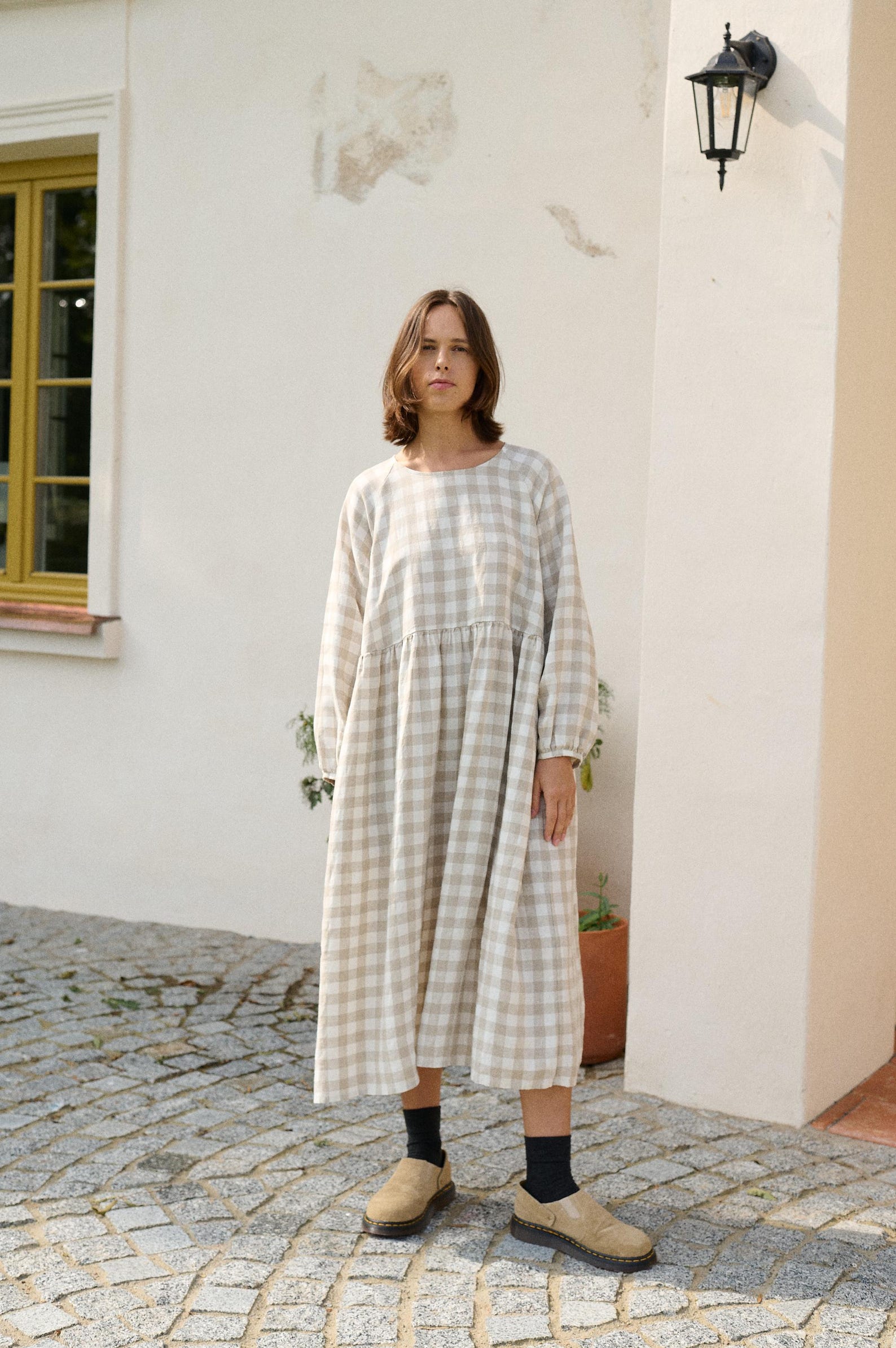 Ready to Ship - Margo Natural Grey Gingham Linen Dress - Linen Dress ...
