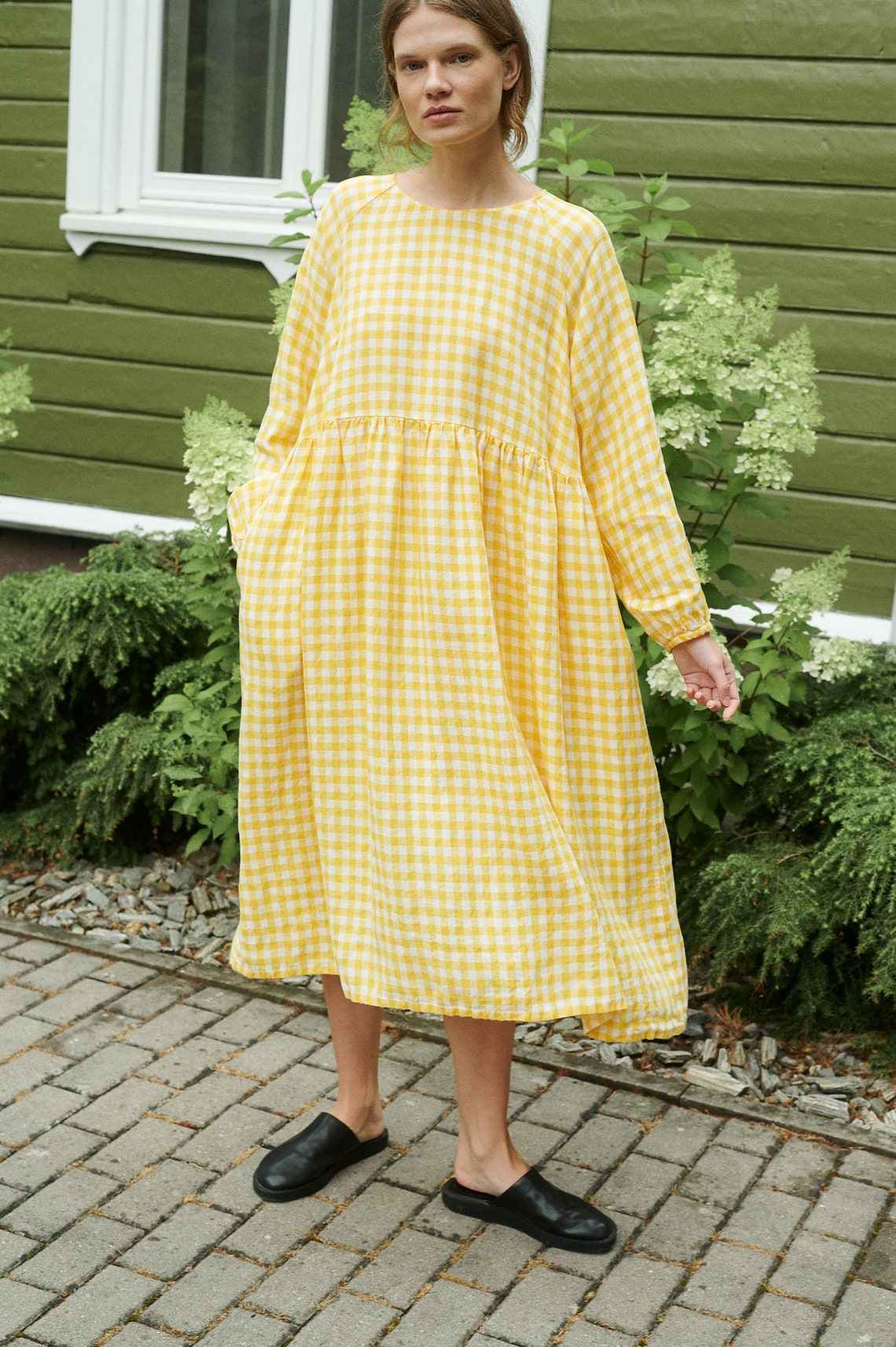 Margo Yellow Gingham Linen Dress - Linen Dress - Fall Linen Dress ...
