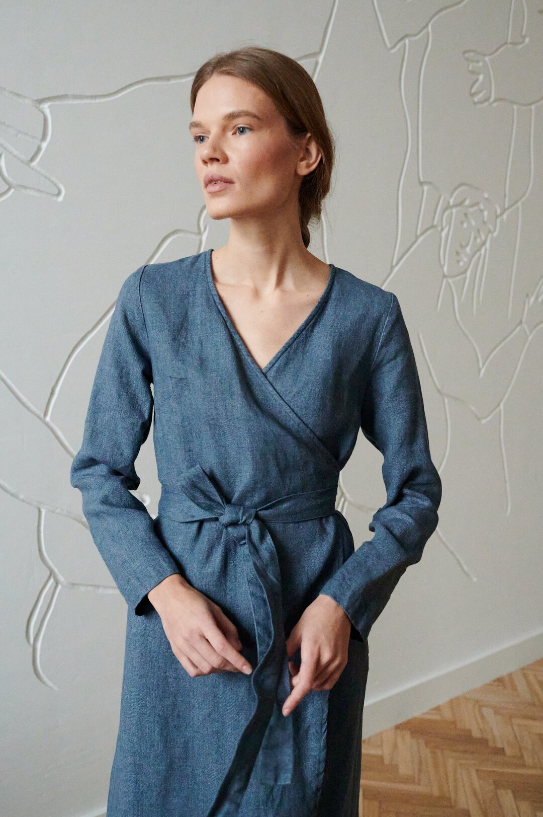 Rosemary Blue Linen Wool Blend Dress - Wrap Linen Dress - Winter Linen ...