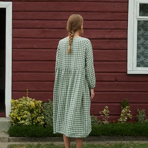 Margo Green Gingham Linen Dress - Linen Dress - Fall Linen Dress - Long ...