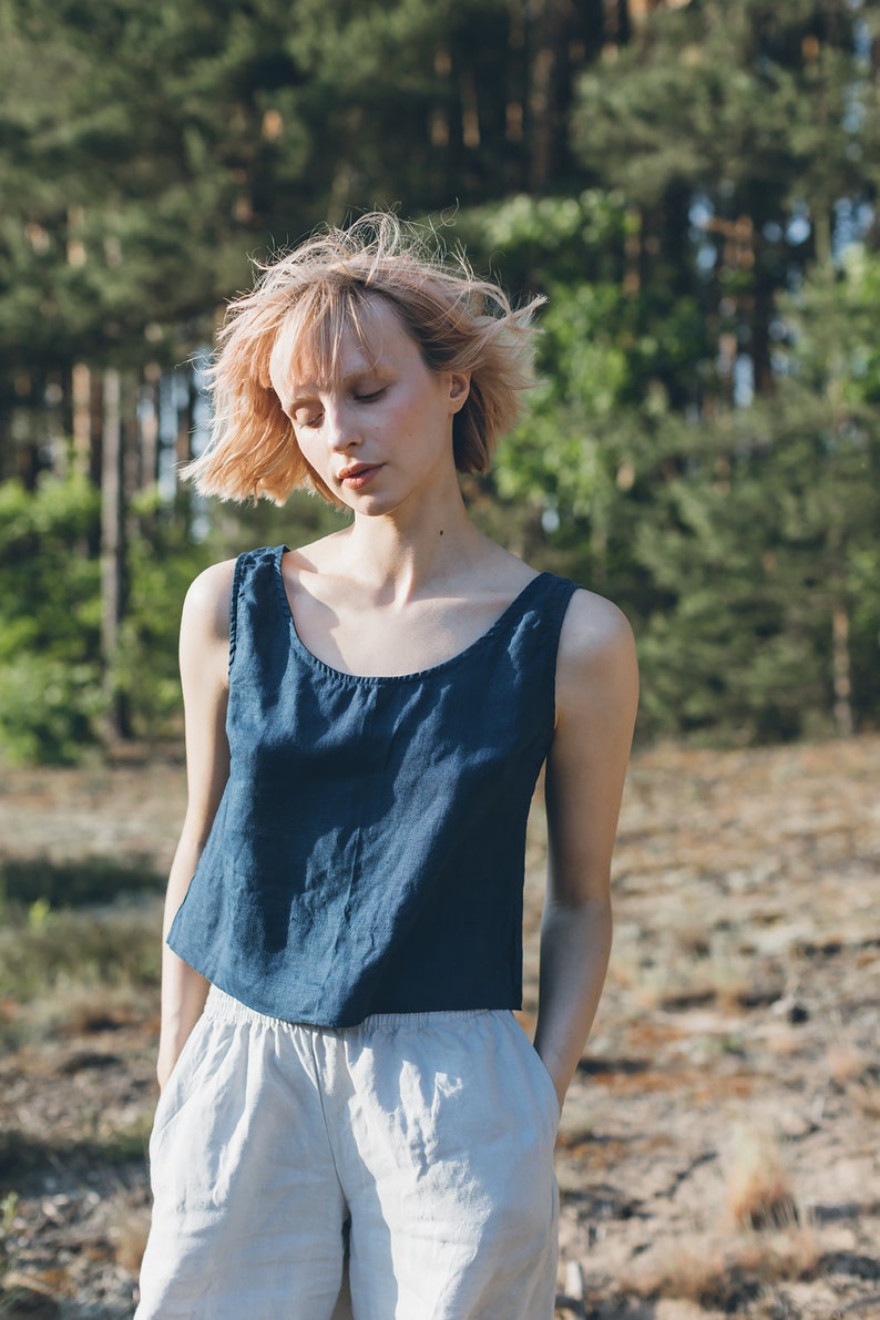 Malibu Navy Blue Top Linen Top Linen Blouse Linen Tank - Etsy