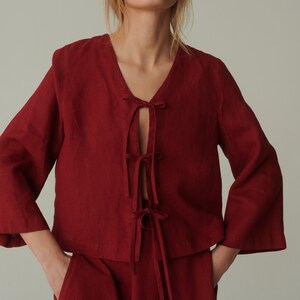 Marina Burgundy Red Linen Top - Tie up Front Top - Linen Blouse - Loose ...