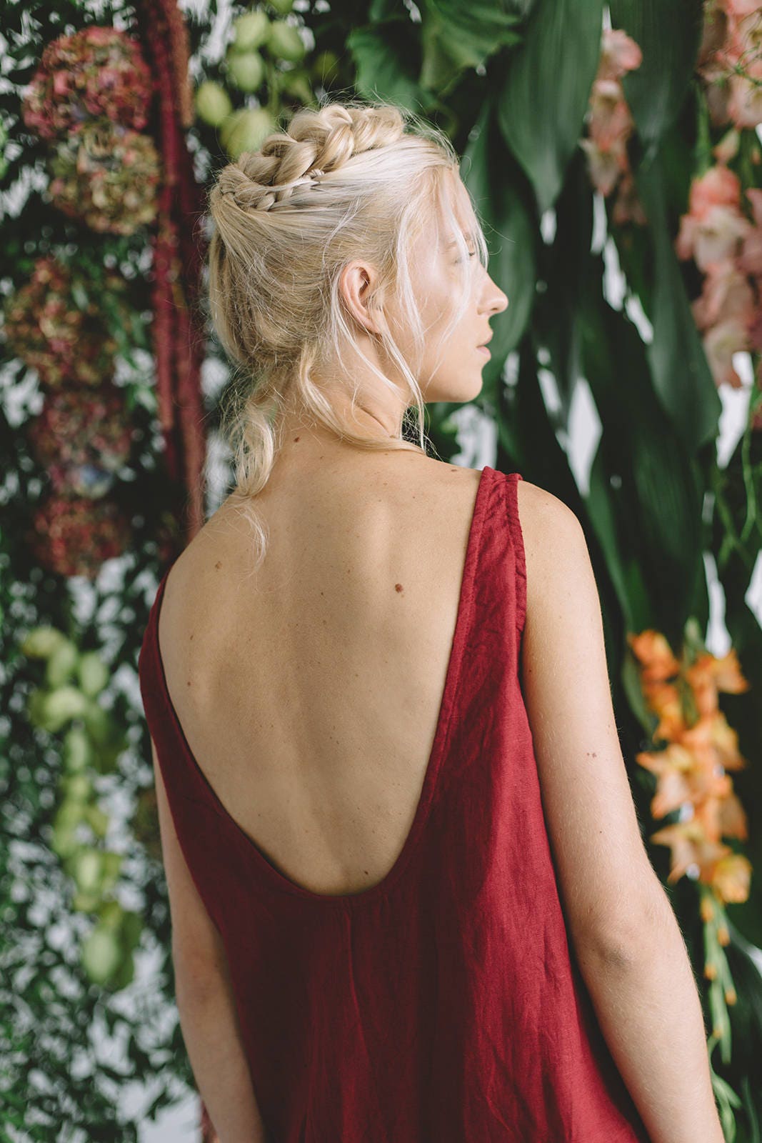 Monstera Burgundy Red Dress Linen Dress Summer Dress - Etsy