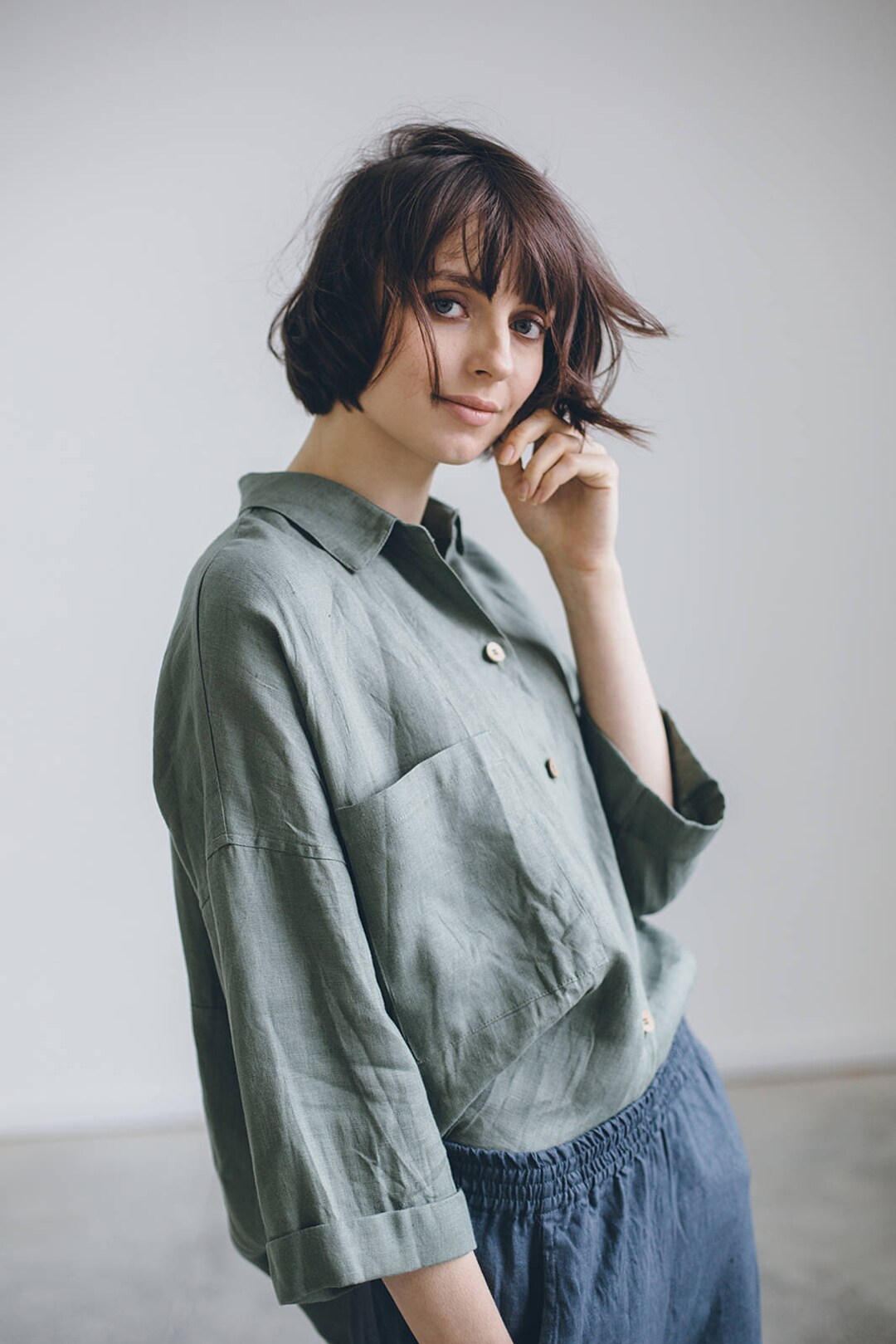 Kay Pine Green Shirt - Linen Shirt - Drop Shoulder Shirt - Oversized ...
