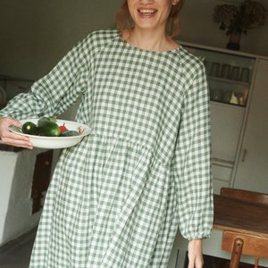 Margo Green Gingham Linen Dress - Linen Dress - Fall Linen Dress - Long ...