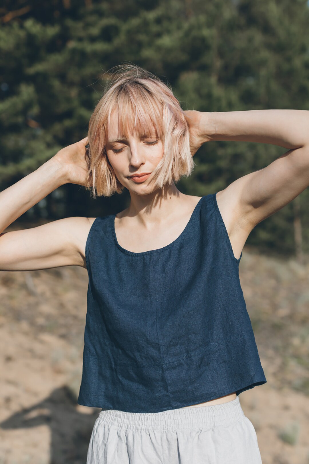 Malibu Navy Blue Top - Linen Top - Linen Blouse- Linen Tank Top - Linen ...