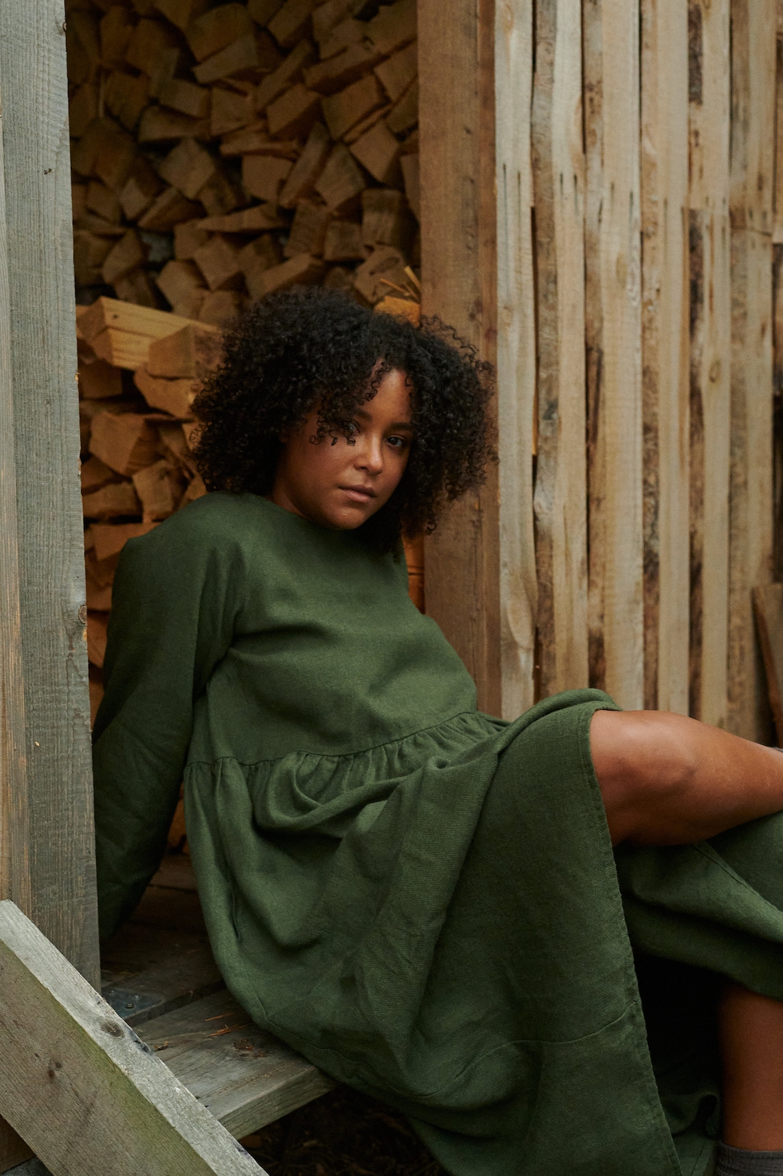 Ready to Ship - Margo Green Linen Wool Blend Dress - Wool Linen Dress ...