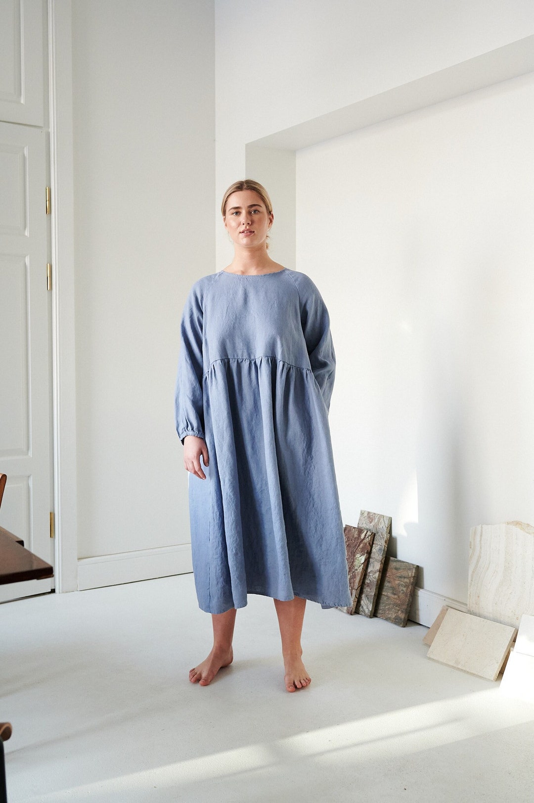 Margo Sky Blue Linen Dress - Linen Dress - Fall Linen Dress - Long ...